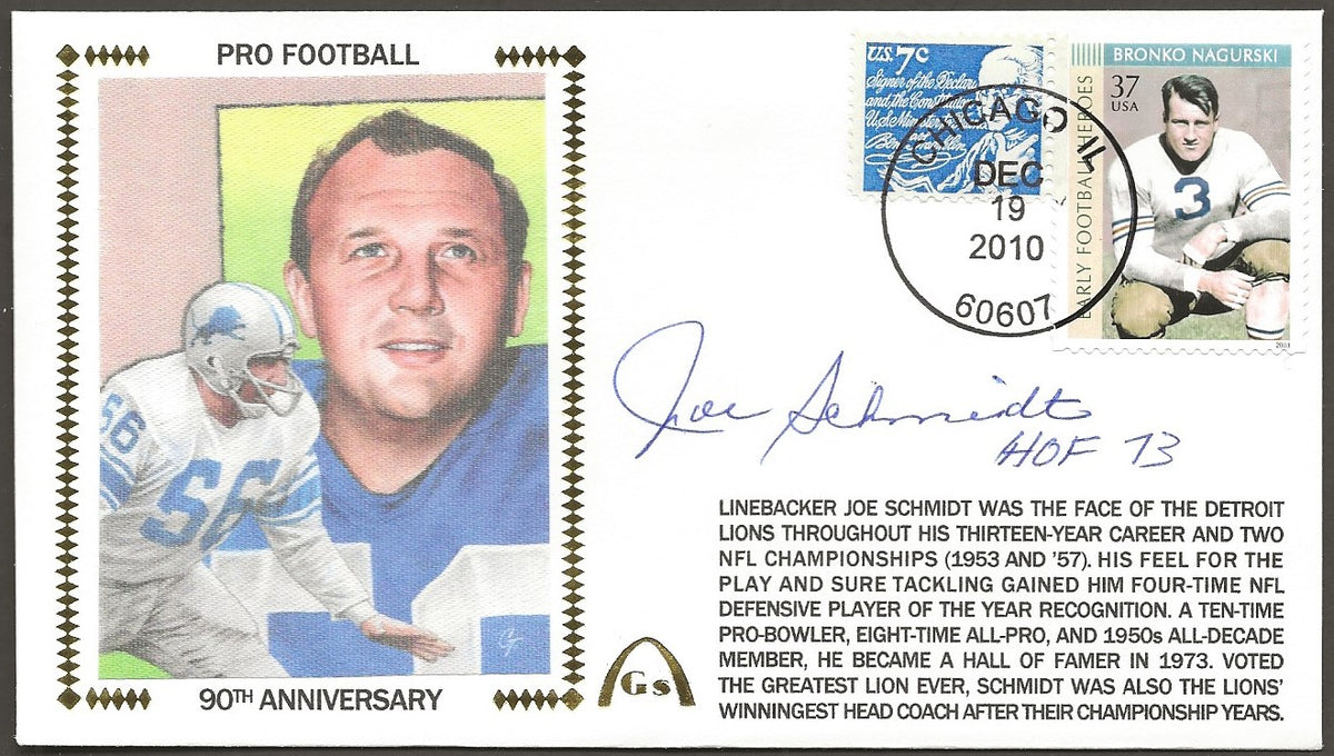 Joe Schmidt Autographed Pro Football 90th Anniversary Gateway Stamp Ca ...