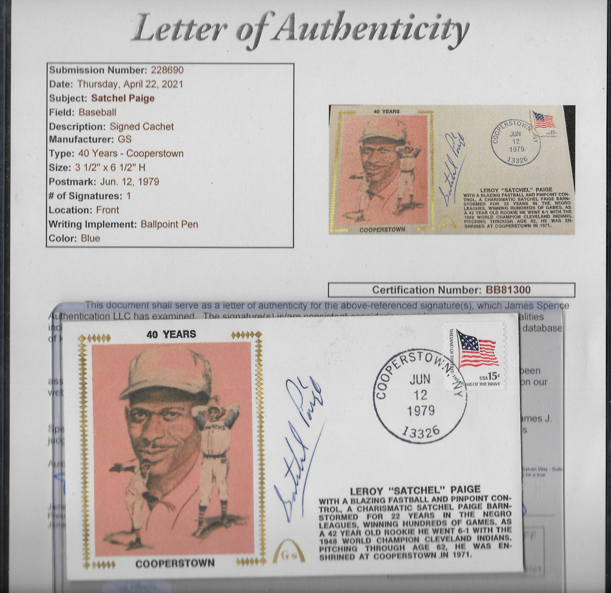 Satchel Paige Autographed Hall Of Fame 40th Anniversary Gateway Stamp ...