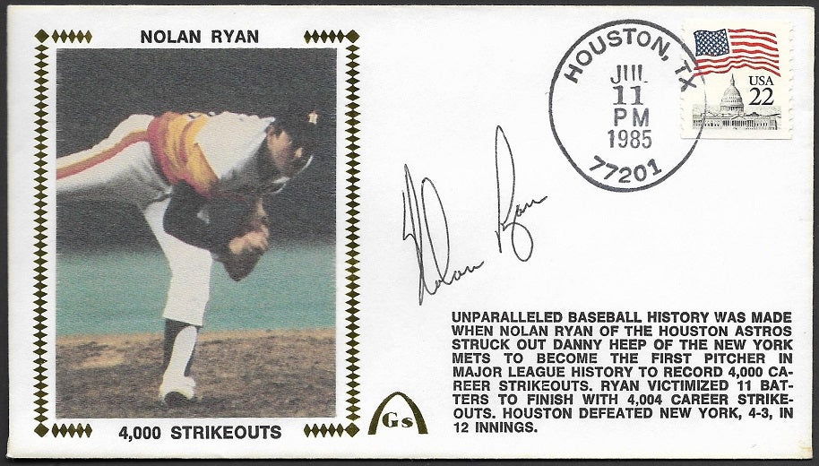 Nolan Ryan Autographed 4,000 Strikeouts Gateway Stamp Commemorative Ca ...